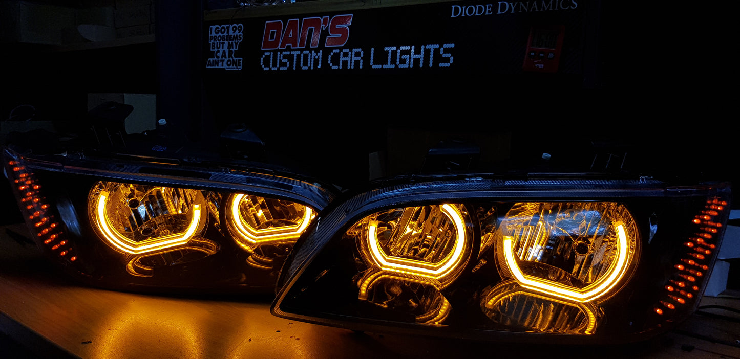 Holden VE Commodore S1 Headlights with Switchback Halo Rings and Custom ...