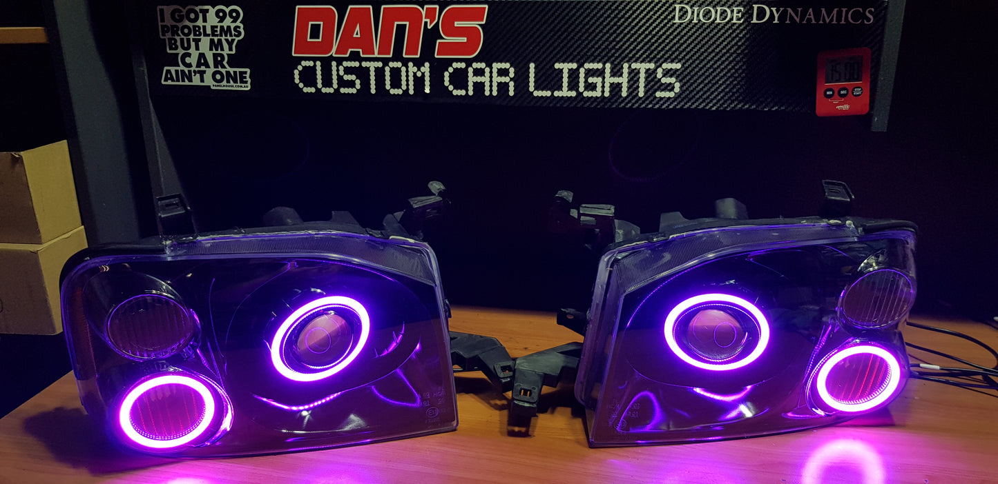 Nissan Navarra D22 Headlights with Quad Multicoloured Halo Rings | Dan ...