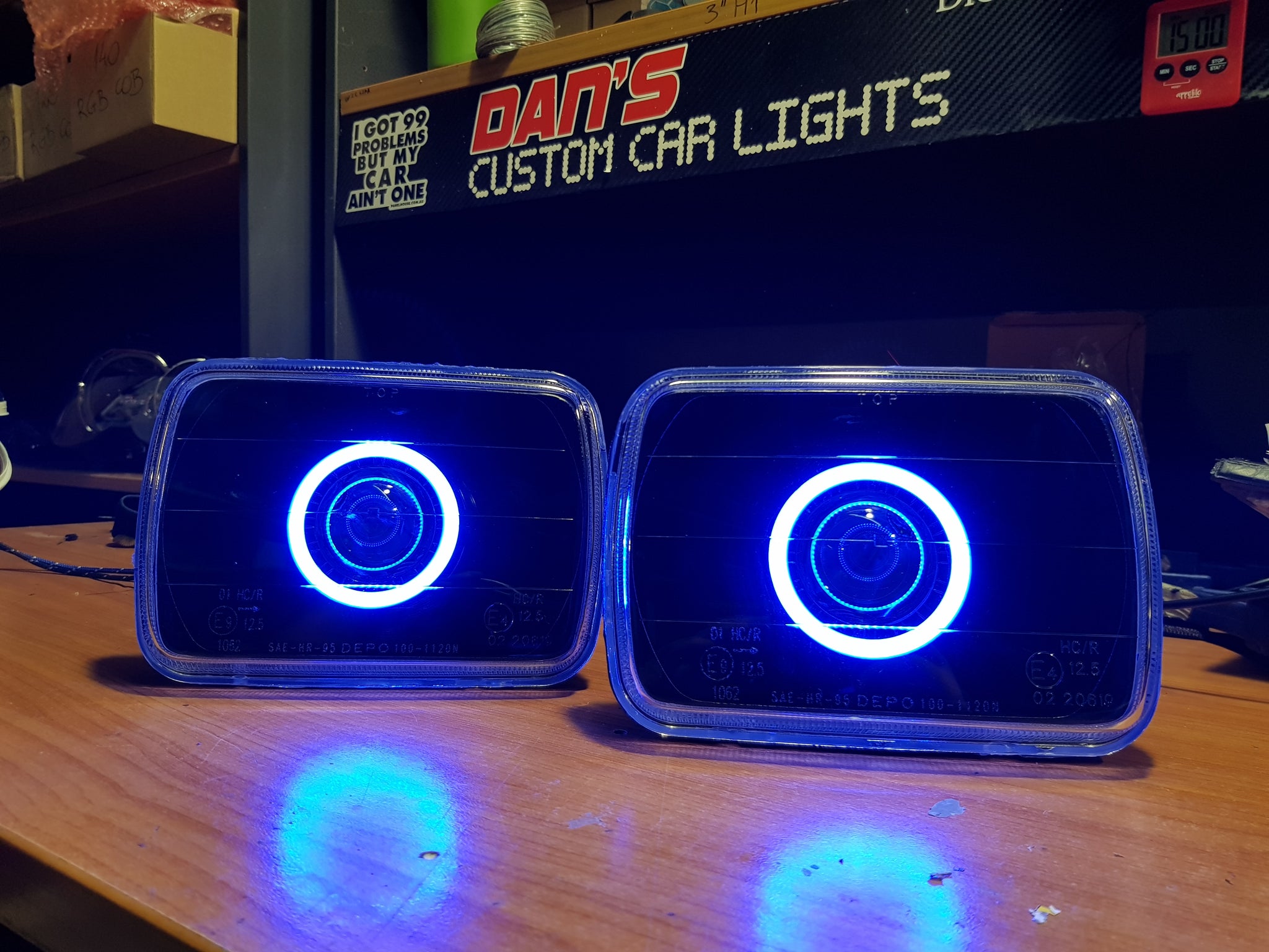 Universal 5x7" Rectangle Headlights Fitted with Bi Projectors, Multiciolored Halo Rings & Full ...