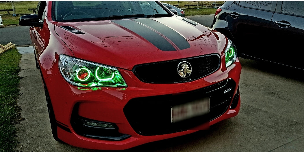 Holden VF Commodore Headlights with Multicoloured Halo Rings and Demon ...